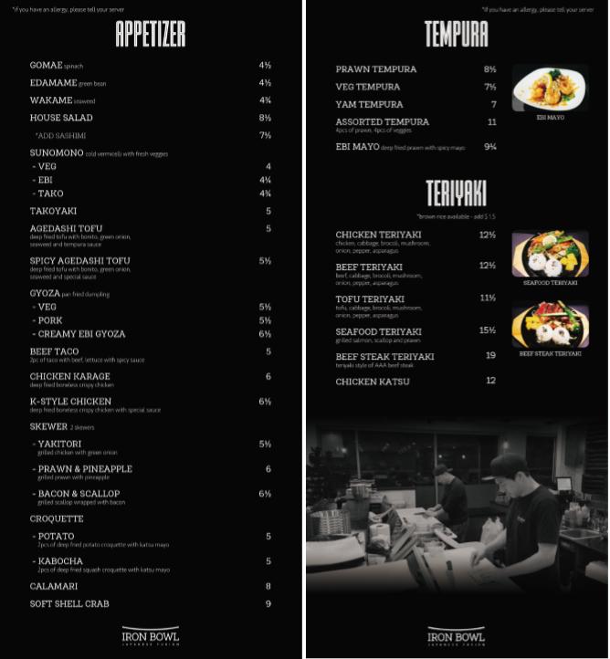 Menu au Iron Bowl restaurant, Port Coquitlam