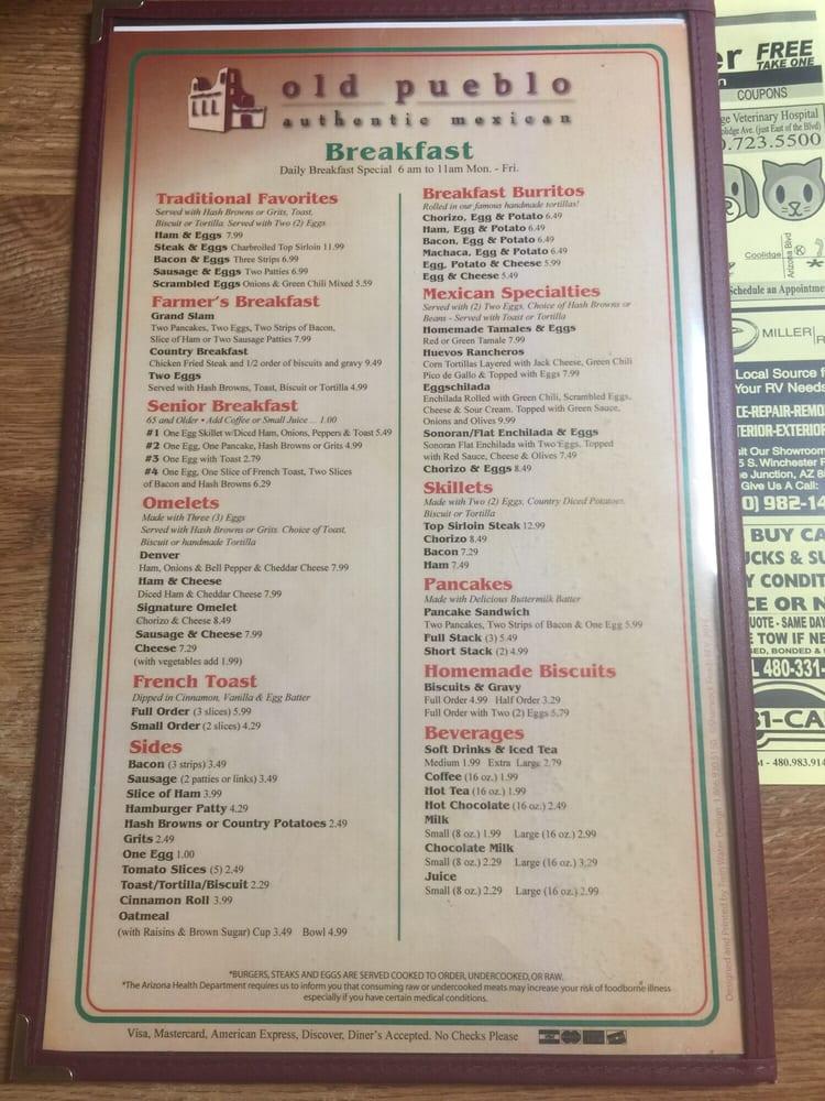 Menu at Lidia's Cocina at Old Pueblo restaurant, Florence