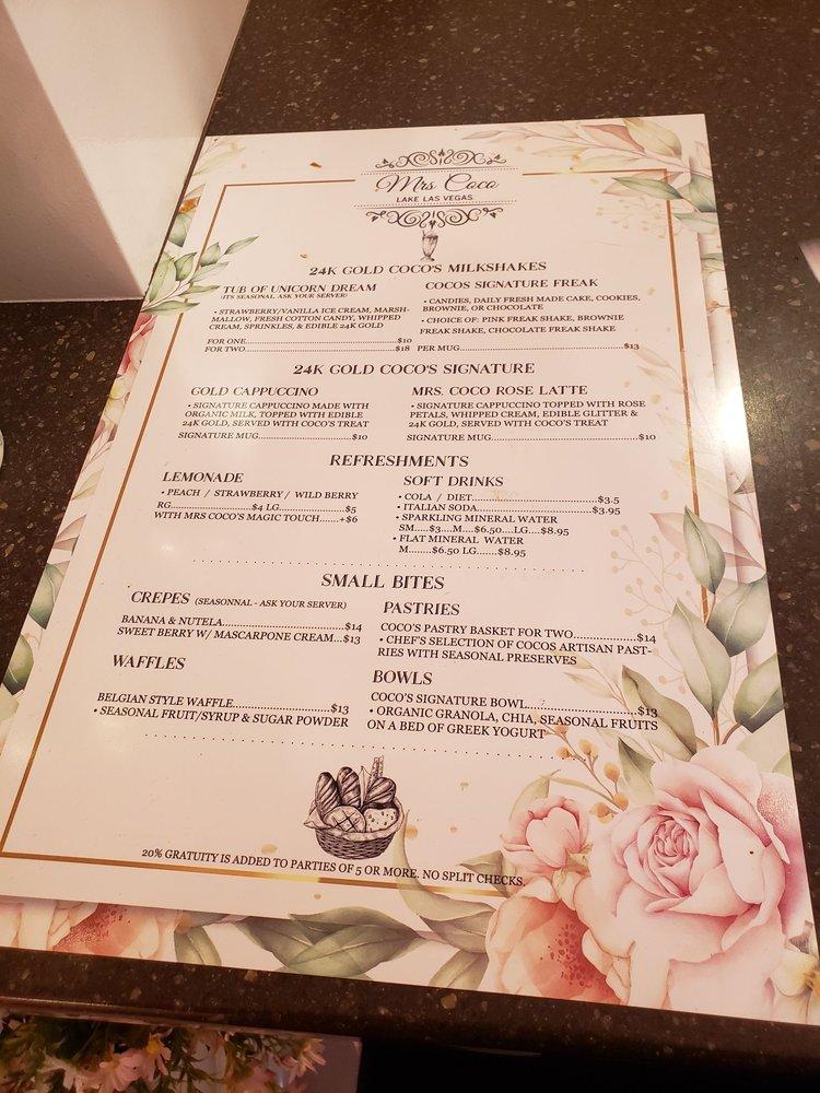 Menu at Mrs Coco cafe, Henderson