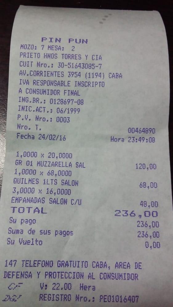 Menu at Pin Pun pizzeria, Buenos Aires, Av. Corrientes 3954