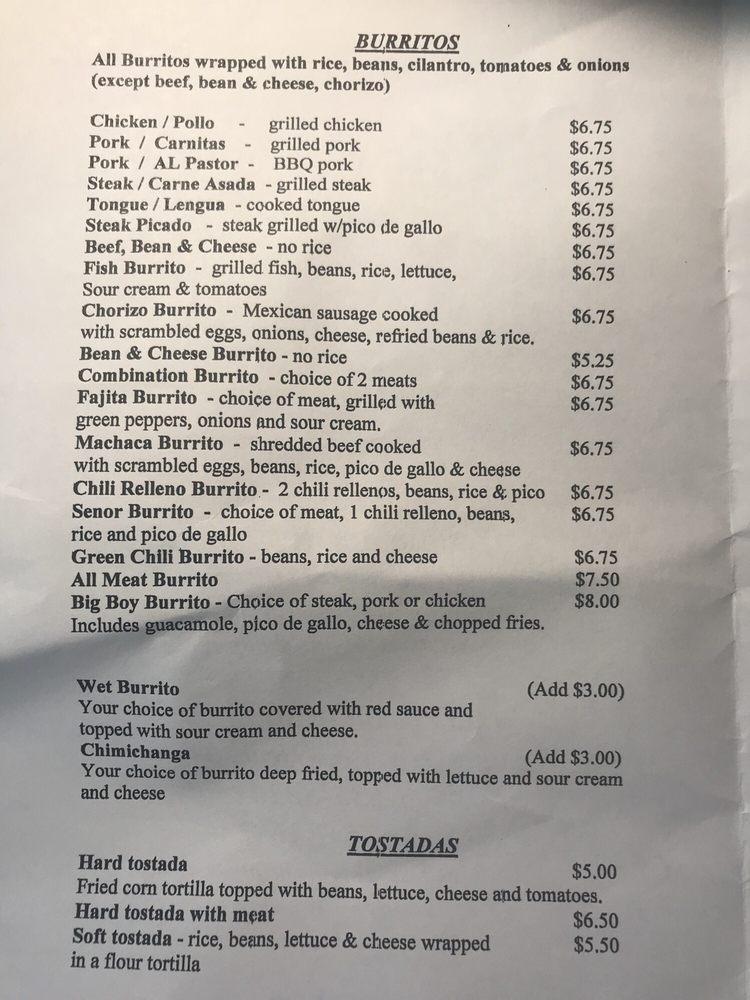 Menu at Señor Taco restaurant, Lake Oswego