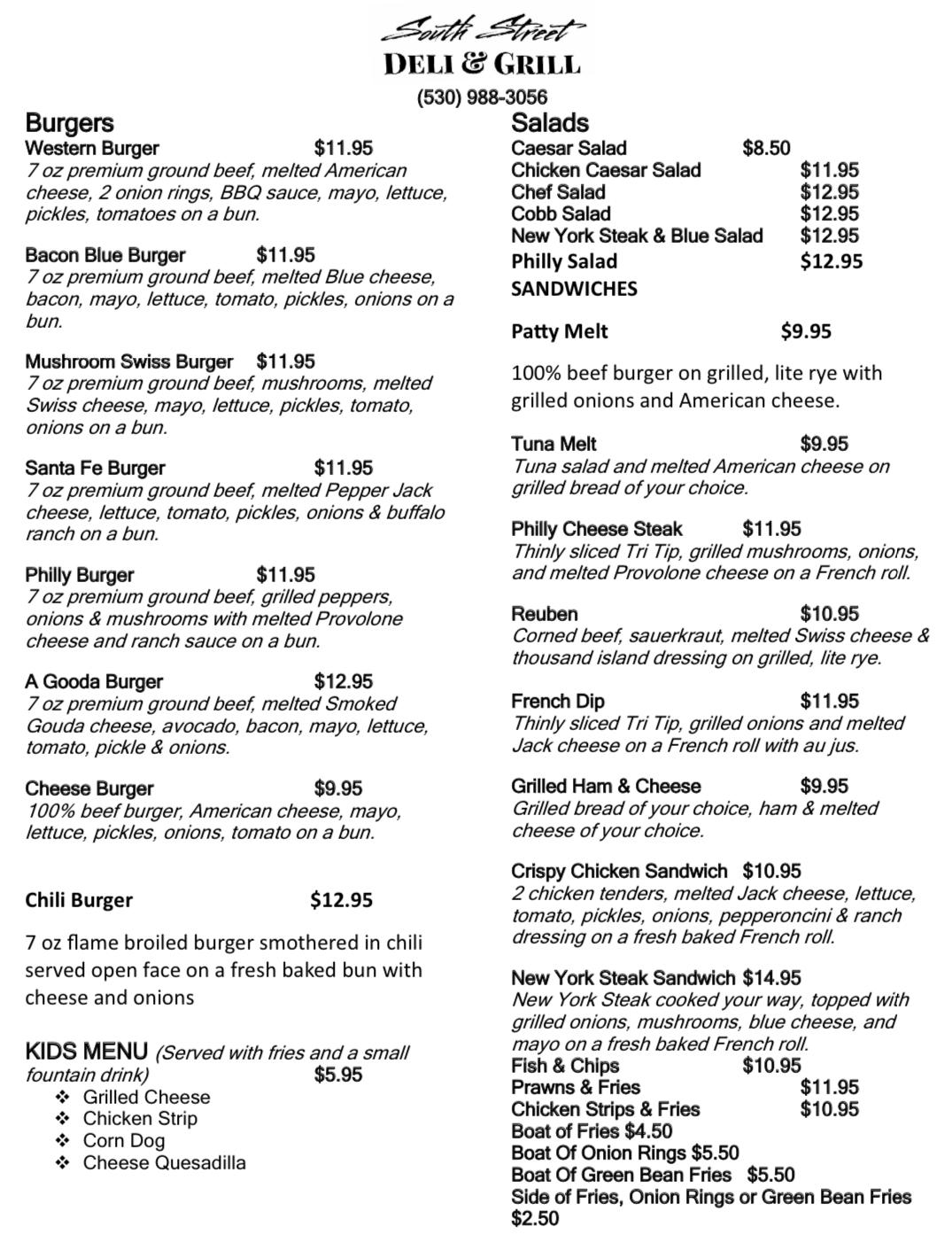 Menu at South Street Deli & Grill restaurant, Orland