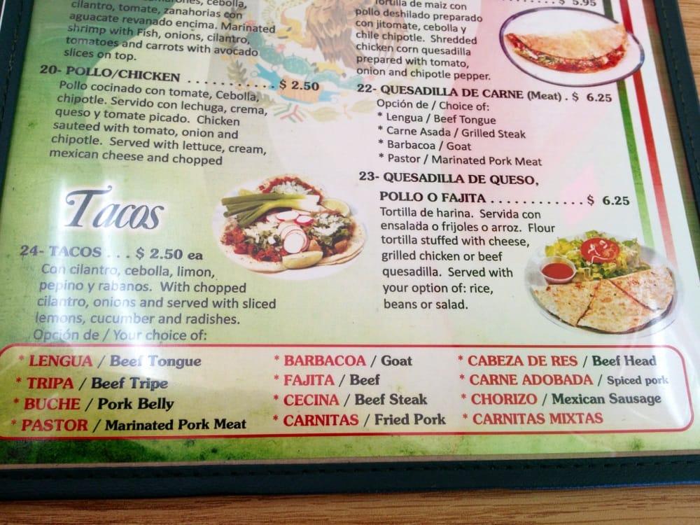 Menu at Taqueria Tres Reyes restaurant, Manassas