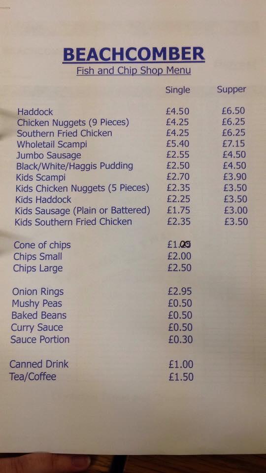Menu at The Beachcomber Fish & Chips restaurant, Gairloch