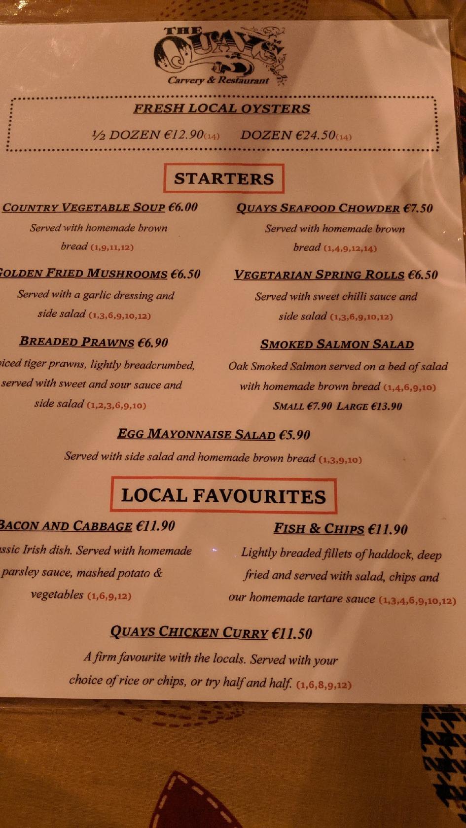 Menu at The Quays Bar and Restaurant, Galway