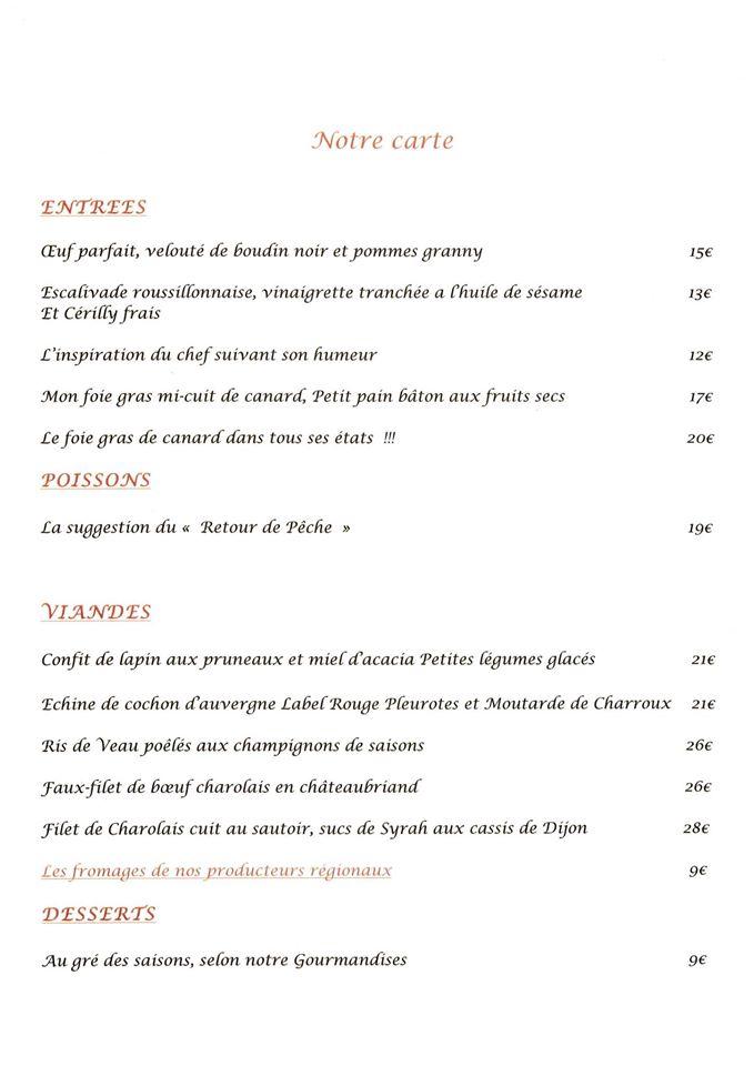 Menu au L'Auberge des Ris restaurant, Vallon-en-Sully, Lieu Dit Les Ris