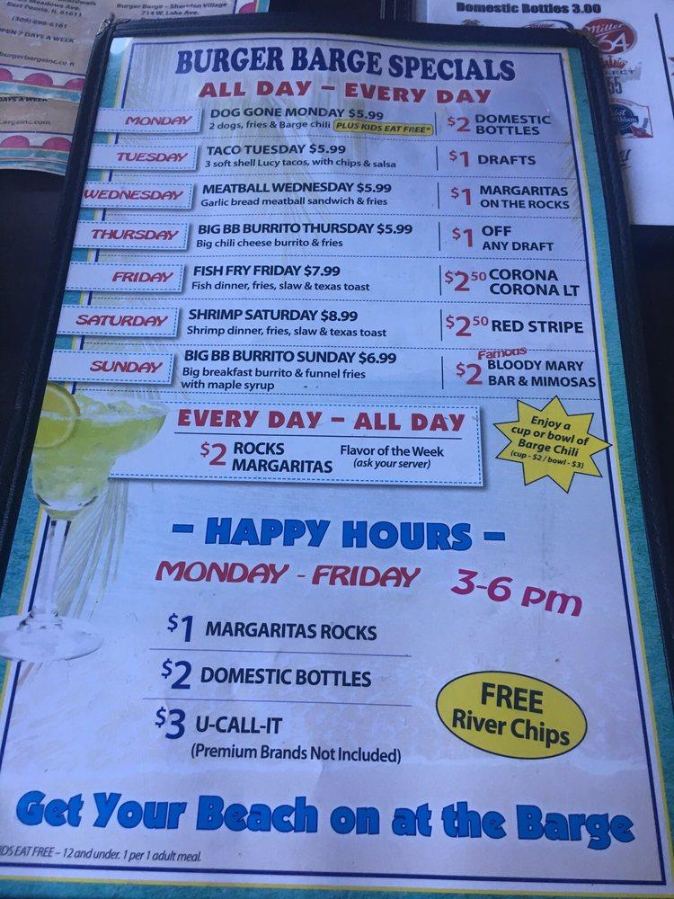 Menu at Burger Barge, East Peoria, N Main St