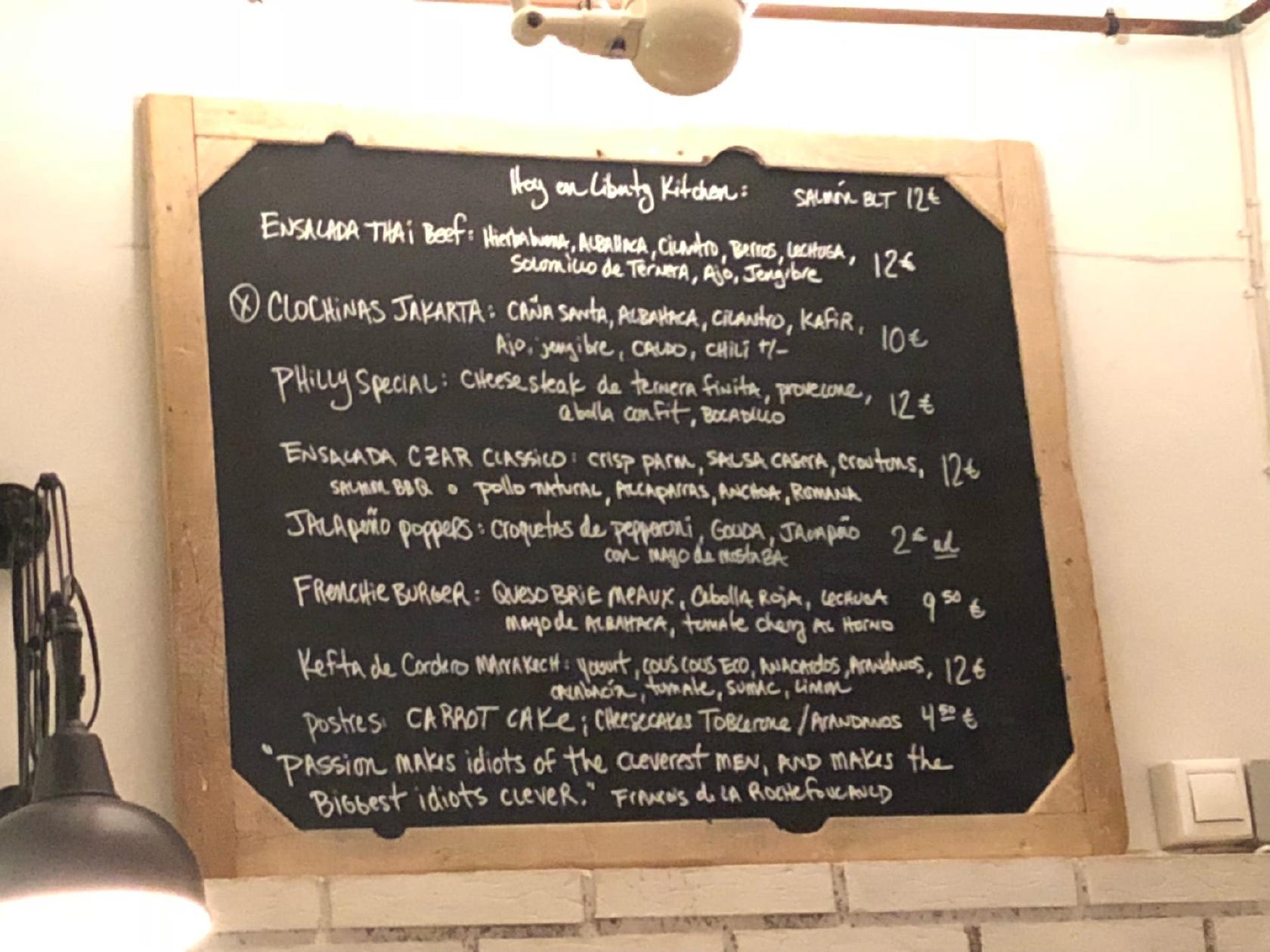 Carta del restaurante Liberty Kitchen, Alicante