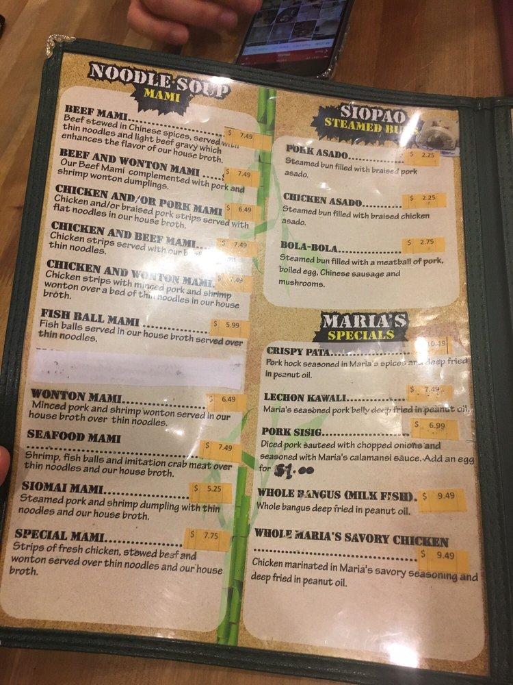 Menu at Maria's Kusina restaurant, Buena Park