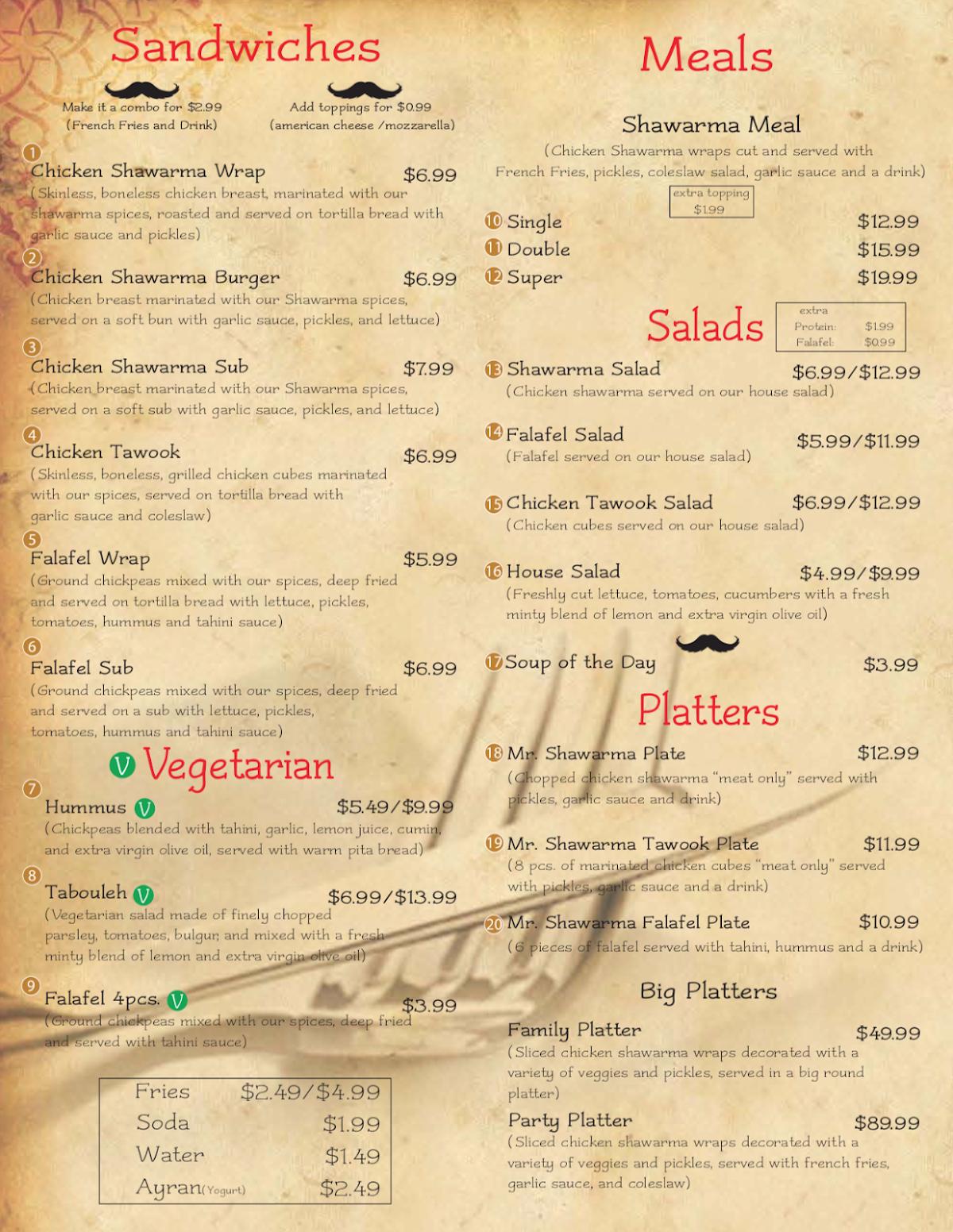 Menu at Mr. Shawarma restaurant, Pensacola