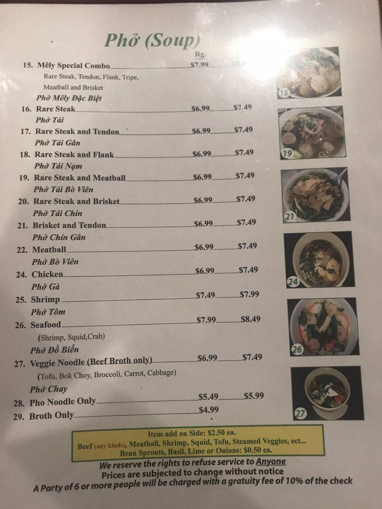 Menu at Pho Mely restaurant, Bellflower