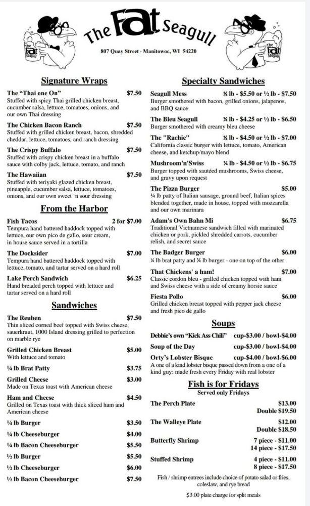 Menu at The Fat Seagull pub & bar, Manitowoc