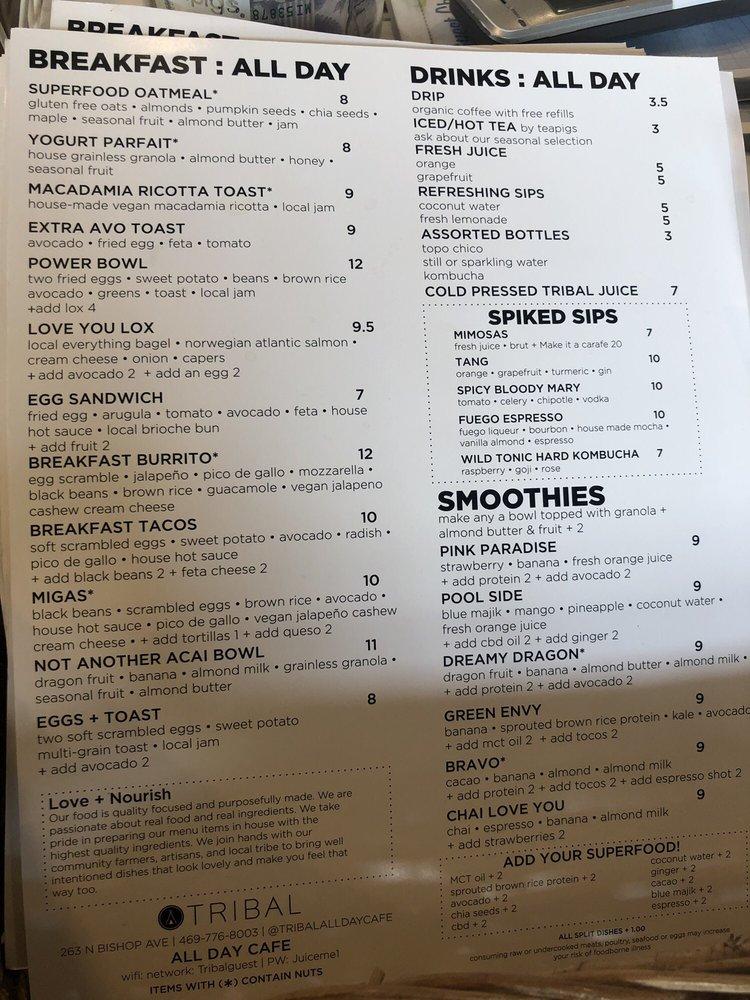 Menu at Tribal All Day Cafe, Dallas