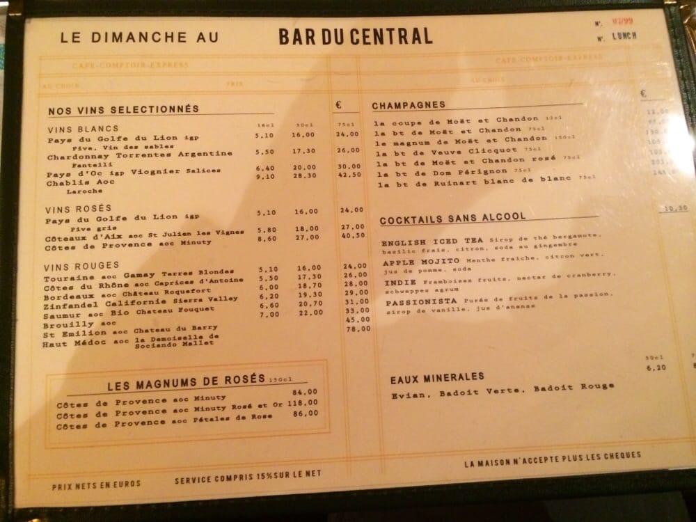 Menu at Bar du Central, Paris, 99 Rue Saint-Dominique