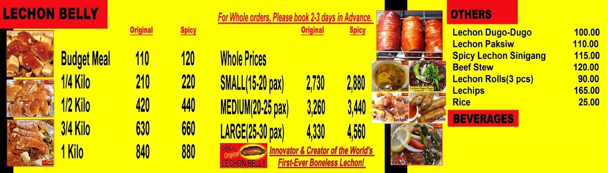 Menu at Cebu's Original Lechon Belly restaurant, Las Pinas, Savemore Market