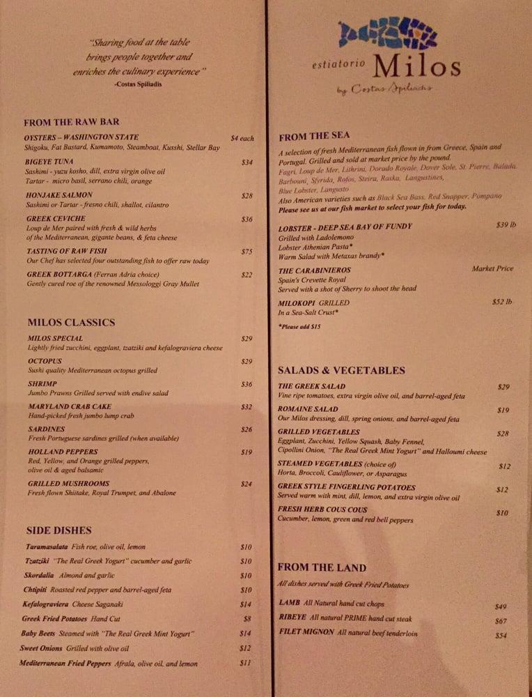 Menu at estiatorio Milos by Costas Spiliadis restaurant, Miami Beach