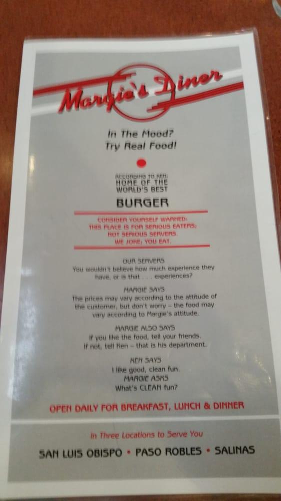 Menu at Margie's Diner restaurant, Paso Robles