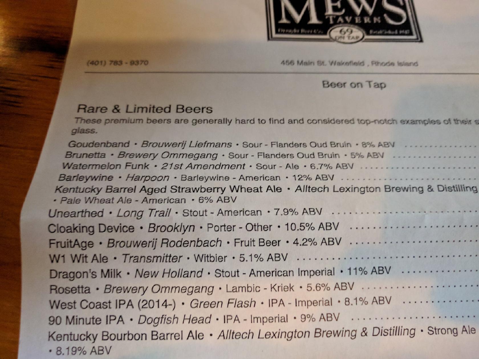 Menu at Mews Tavern pub & bar, South Kingstown