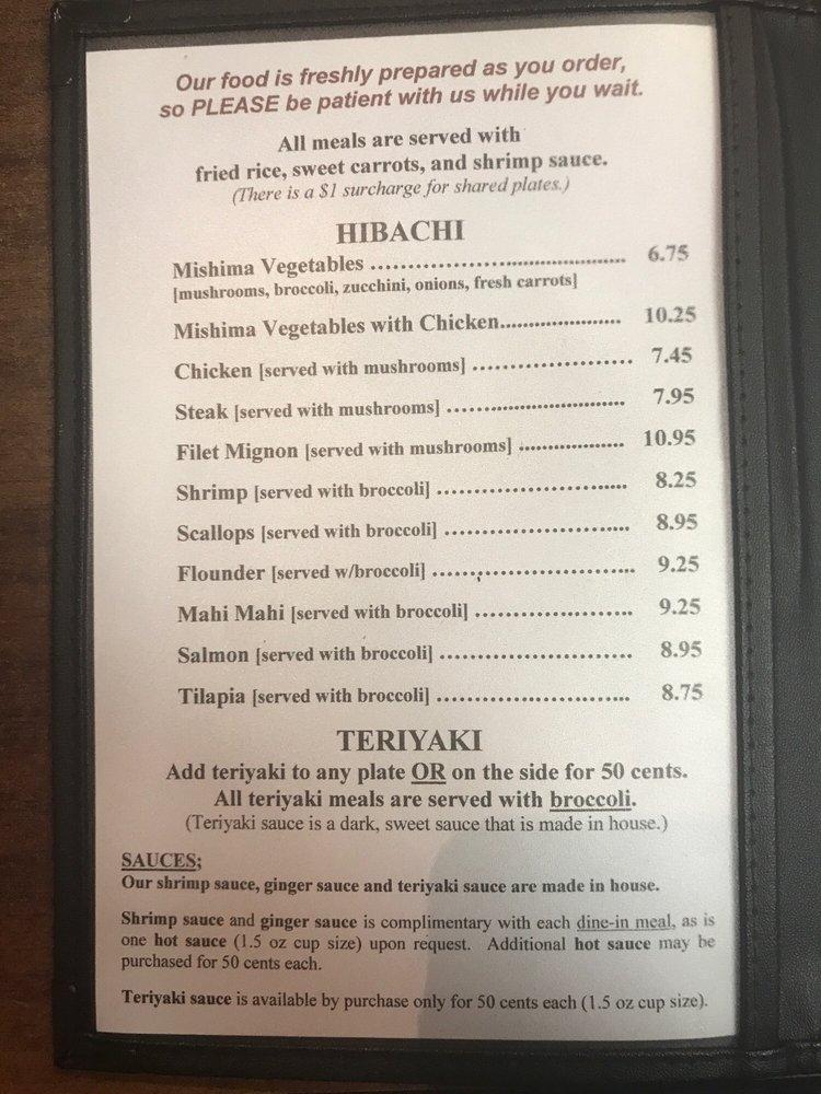 Carta del restaurante Mishima Asian Cuisine, Clayton, 112 Hwy 441