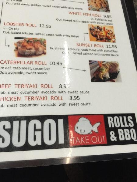 Menu at Sugoi Sushi restaurant, Los Banos