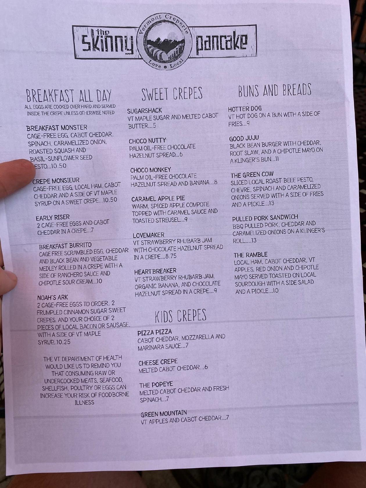 Menu at The Skinny Pancake Montpelier restaurant, Montpelier