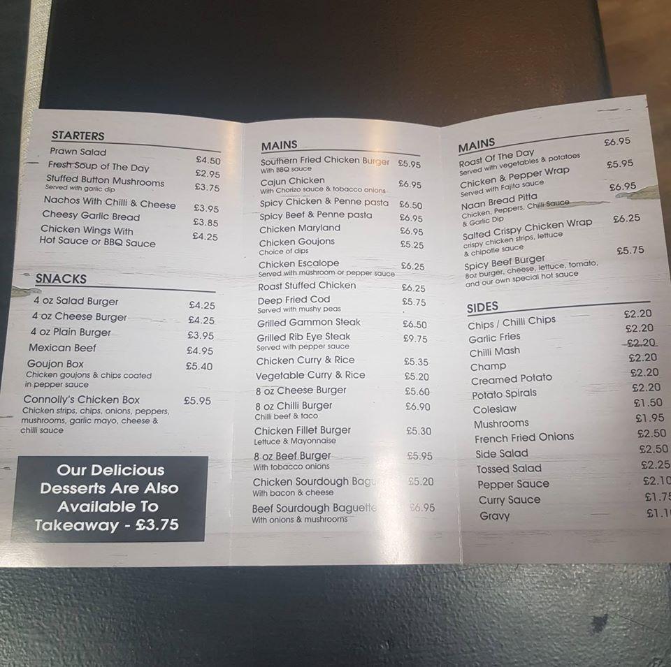 Menu at Connollys restaurant, Eglinton, 4 Main St
