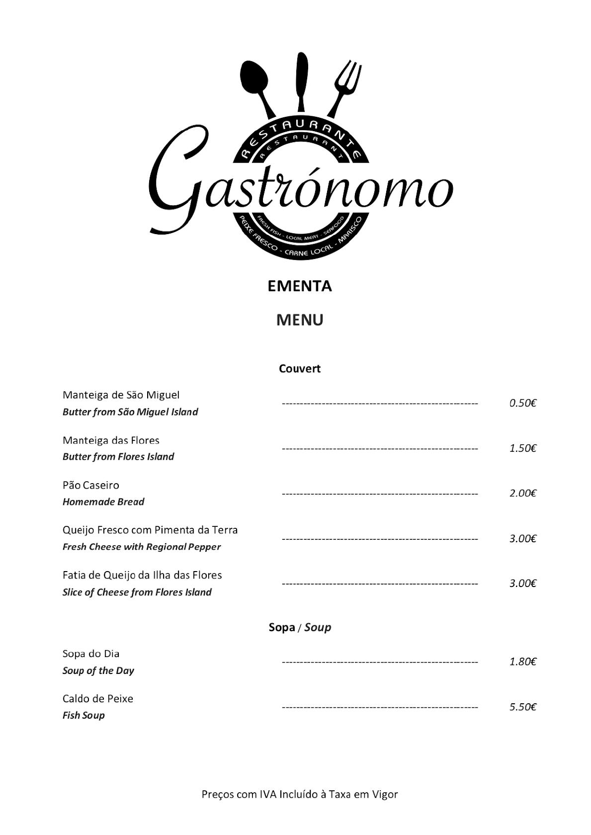 Menu at Gastrónomo restaurant, Ponta Delgada