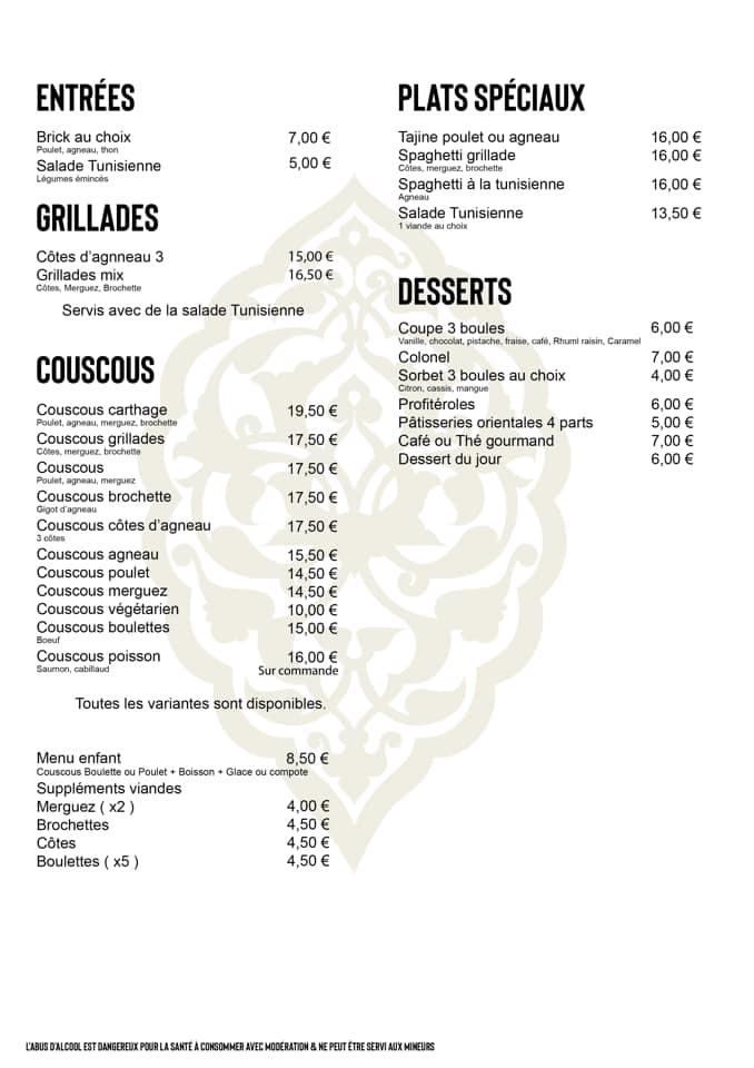 Menu at Restaurant Le Carthage - Lens, Lens