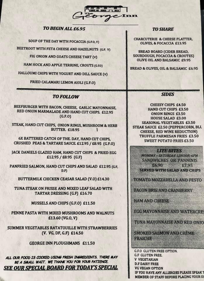 Menu at The George pub & bar, Nunney