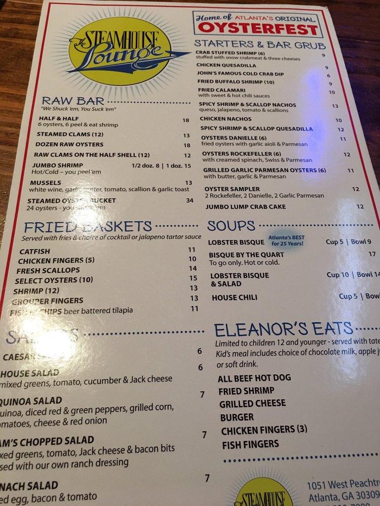 Menu at The Steamhouse Lounge pub & bar, Atlanta, W Peachtree St NW