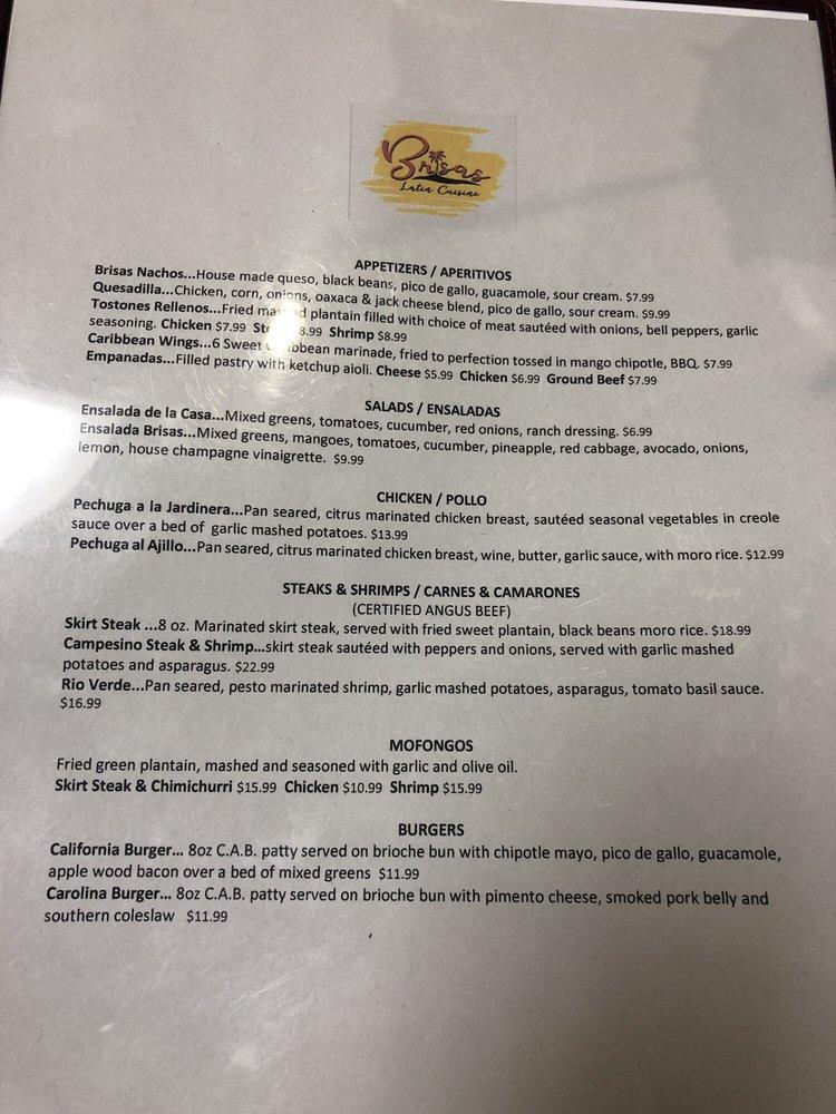 Menu at Brisas restaurant, Goldsboro