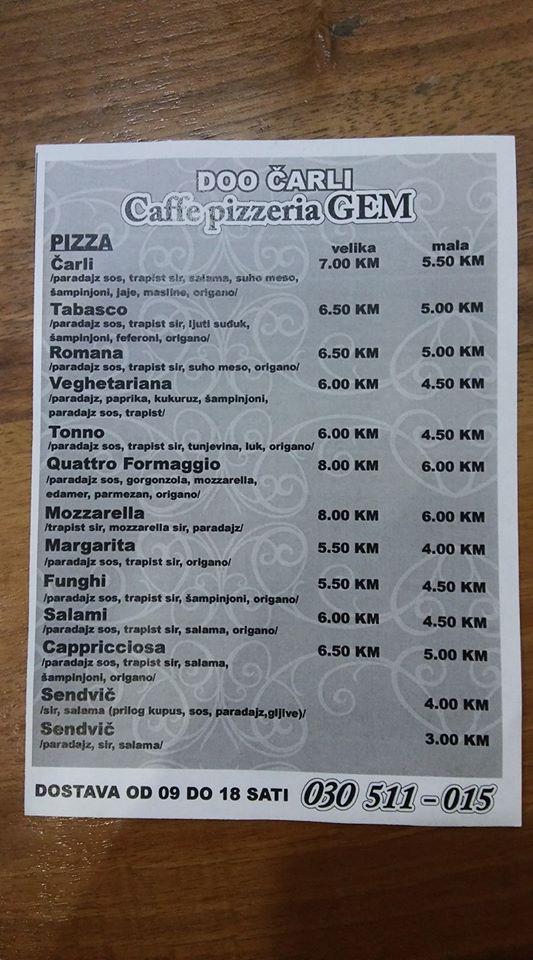 Menu at Caffe Pizzeria Gem, Travnik
