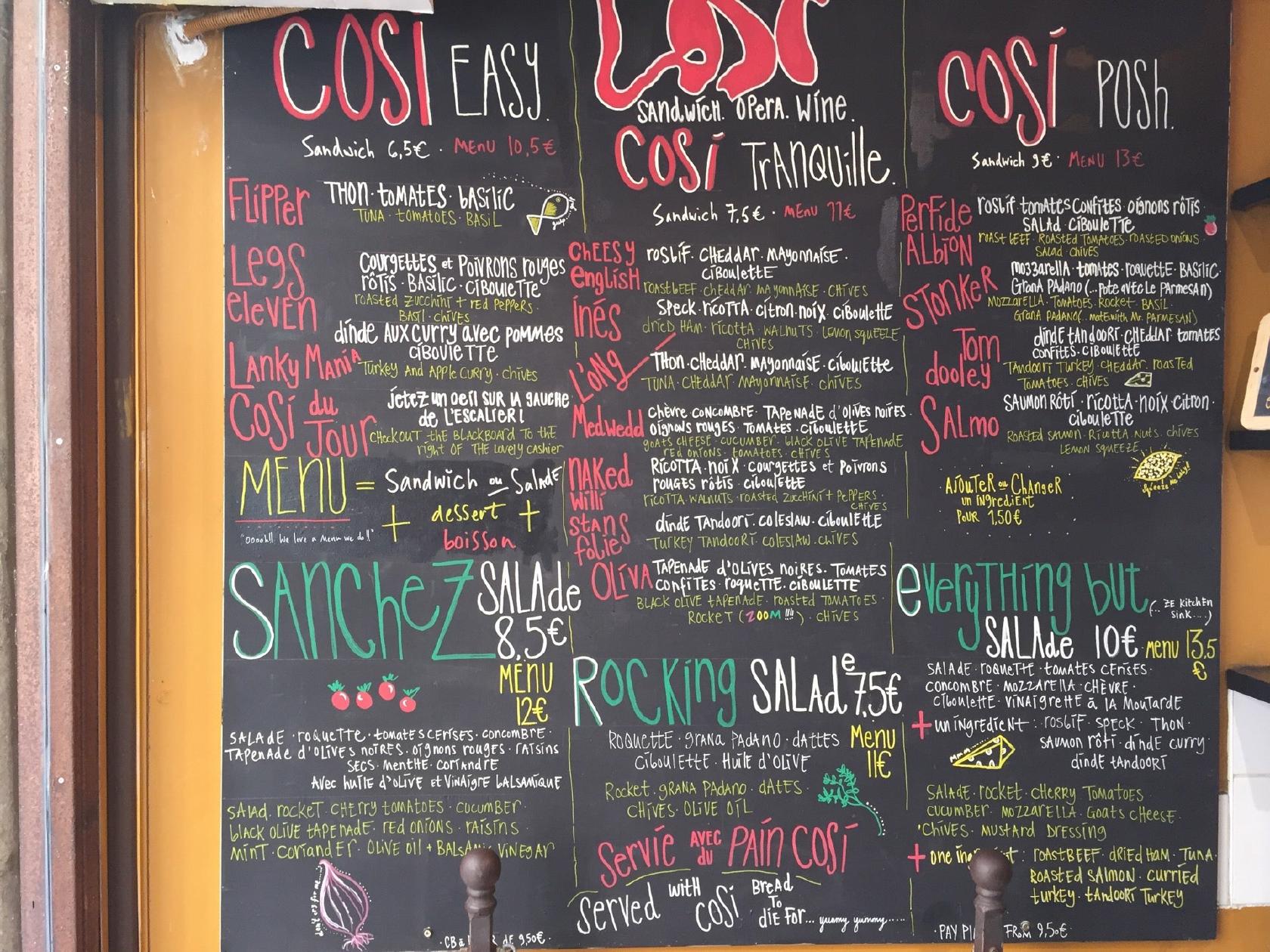 Menu at Cosi restaurant, Paris, 54 Rue de Seine