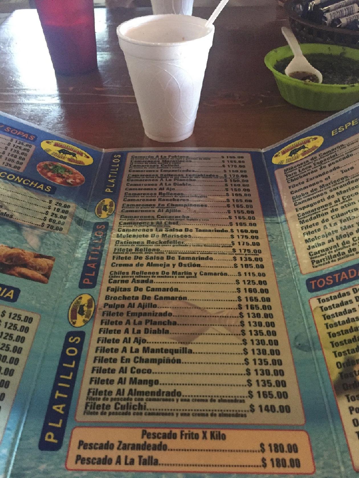 Menu at El Toro Guero Seafood restaurant, Cabo San Lucas
