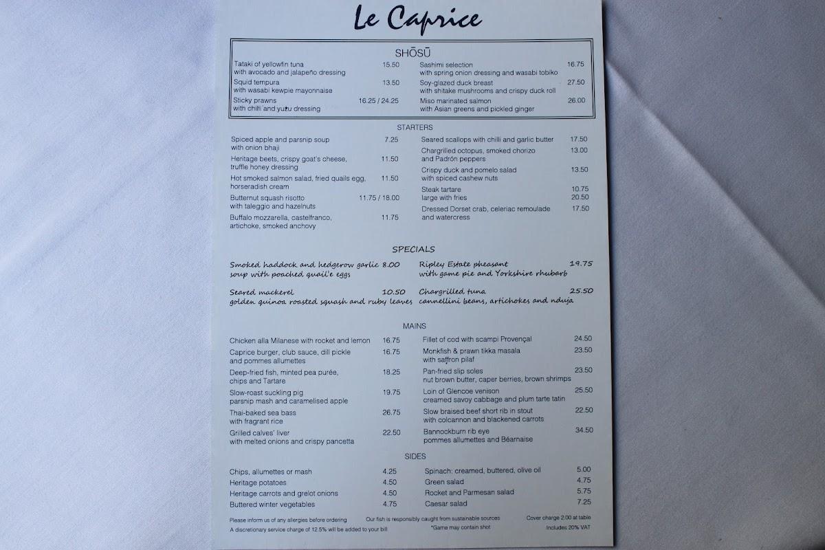 Menu at Le Caprice restaurant, London, 20 Arlington St