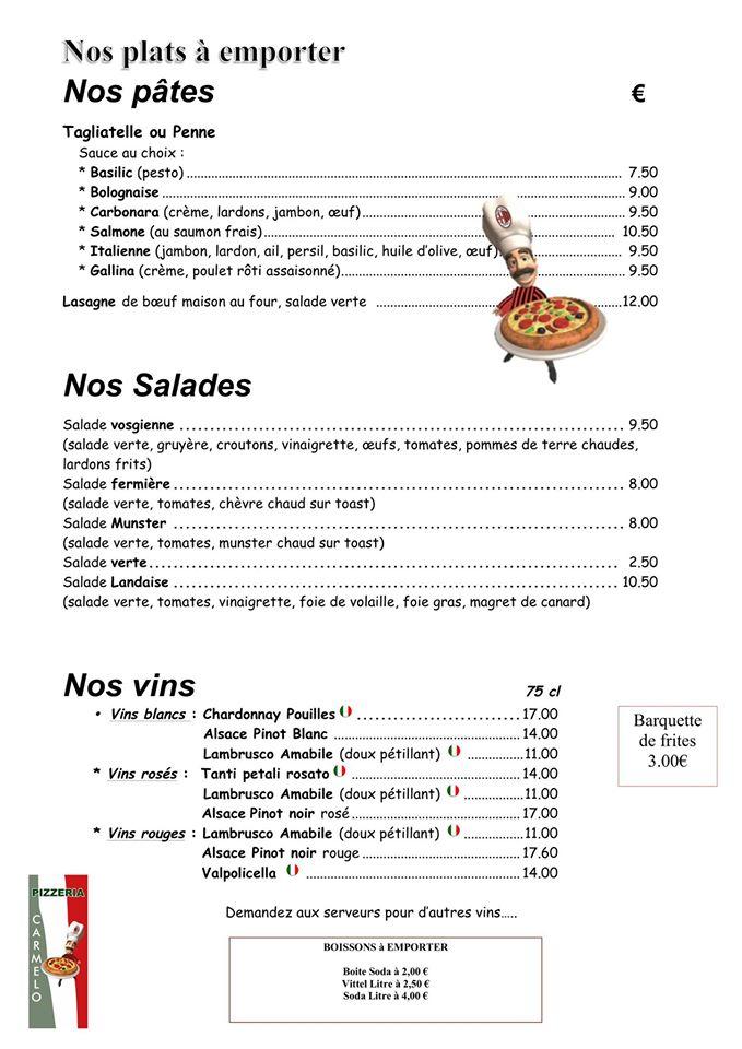 Menu au Pizzeria Carmélo, Contrexéville, 150 Rue Ernest Daudet
