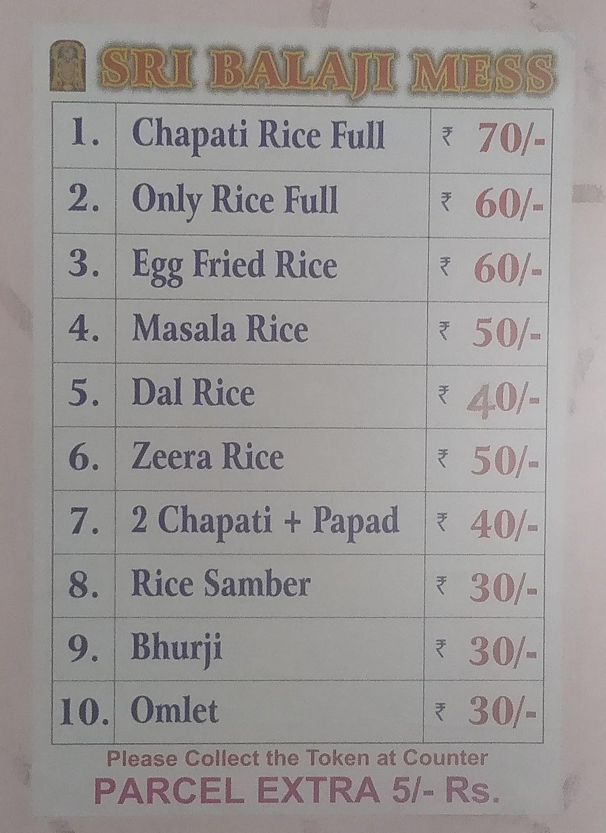 Menu at Sri Balaji Andra Mess, Kalaburagi