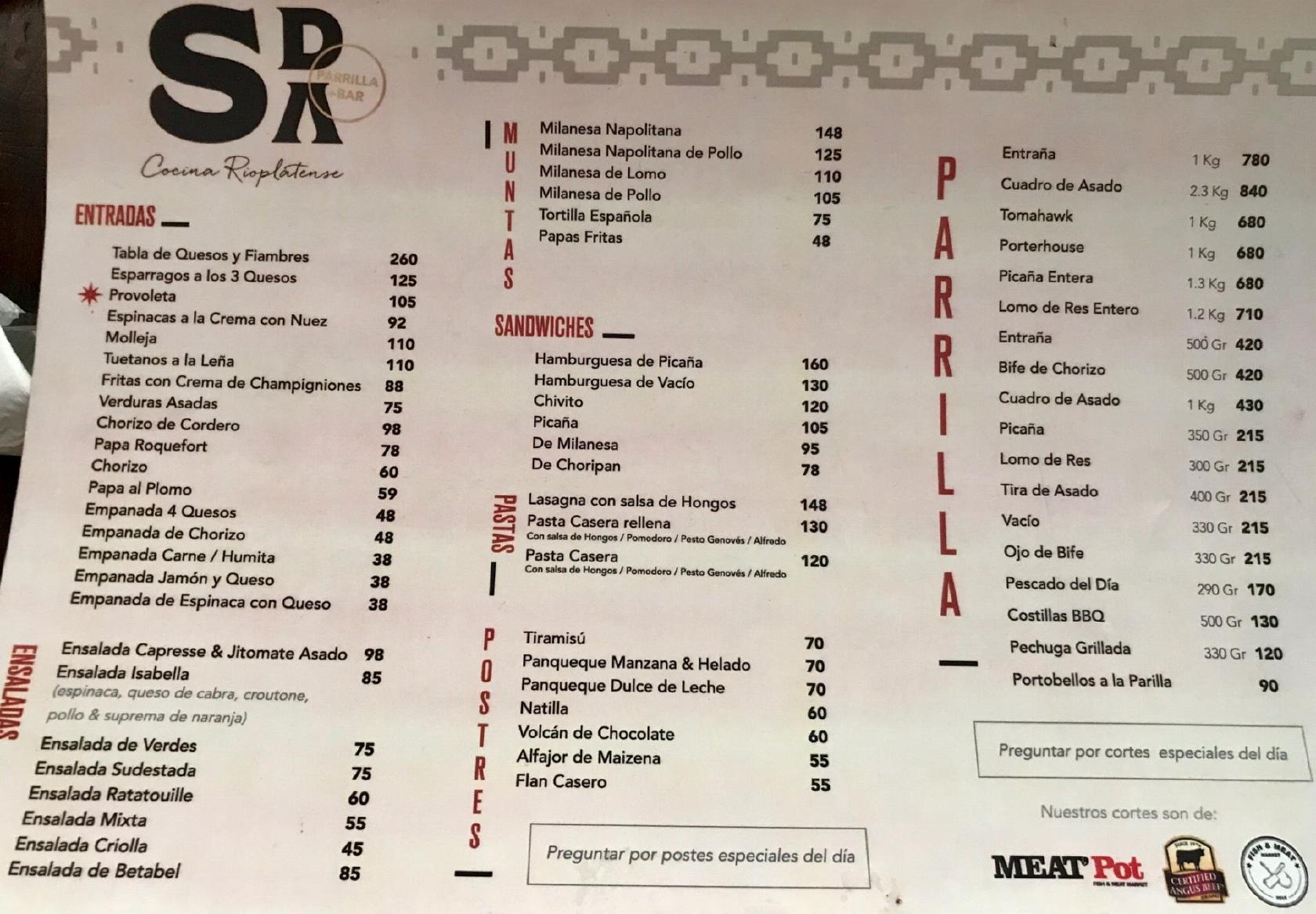 Menu at Sudestada steakhouse, Guadalajara