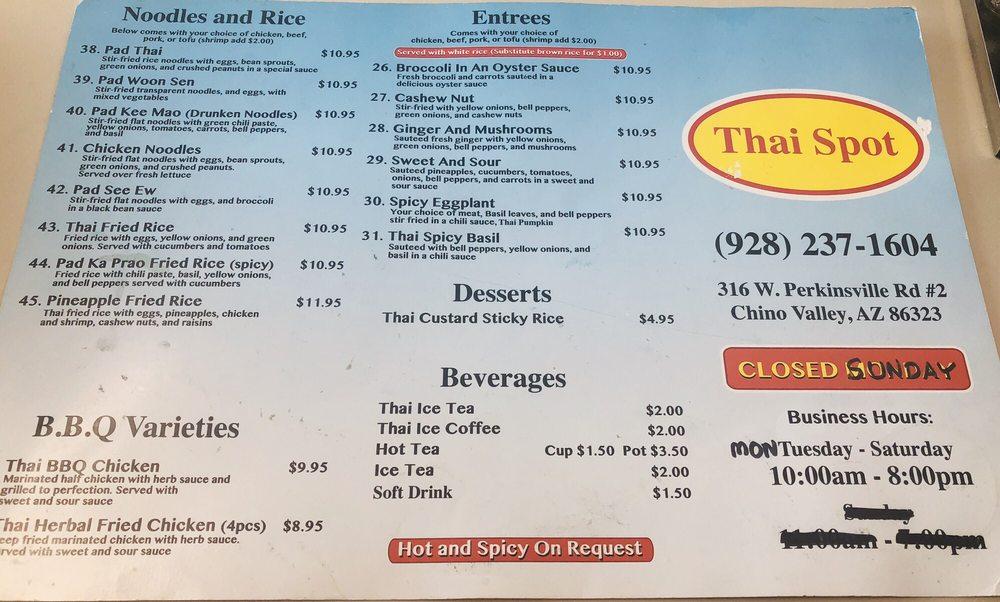Menu at Thai Spot restaurant, Chino Valley