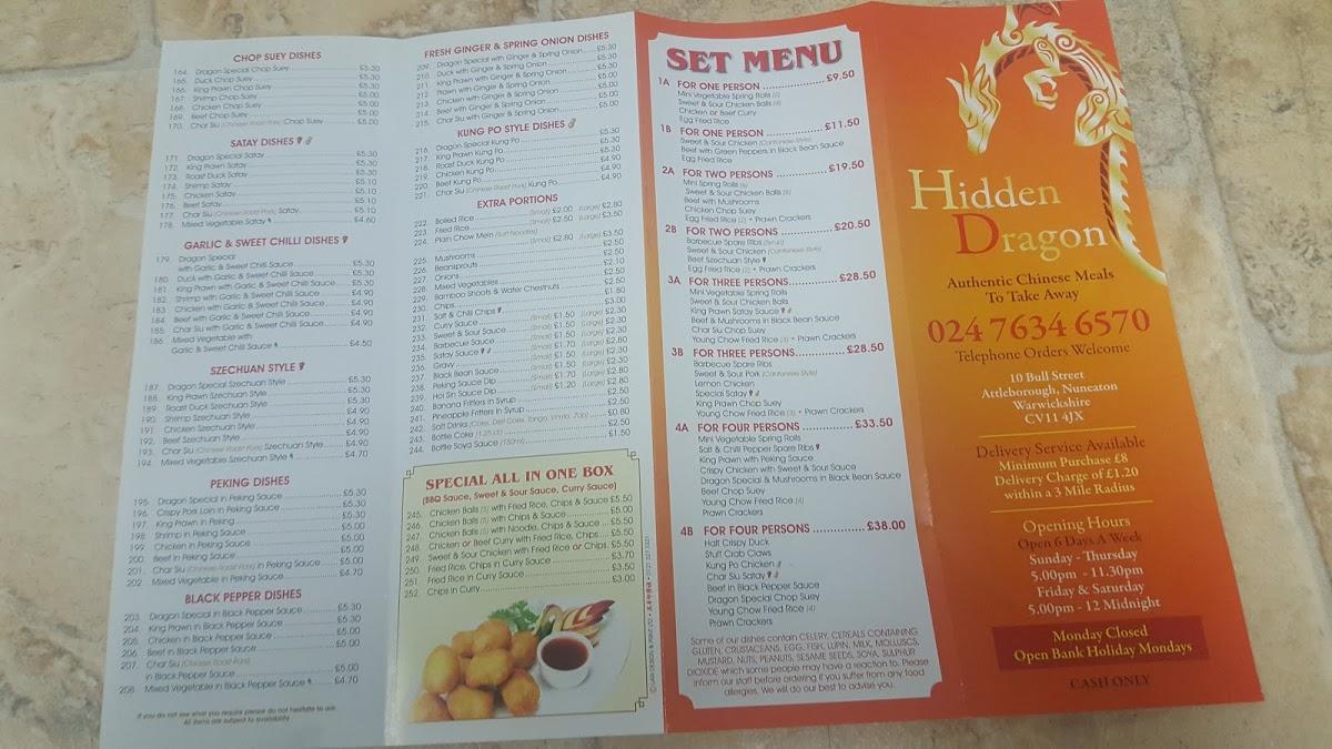 Menu at The Hidden Dragon fast food, Nuneaton