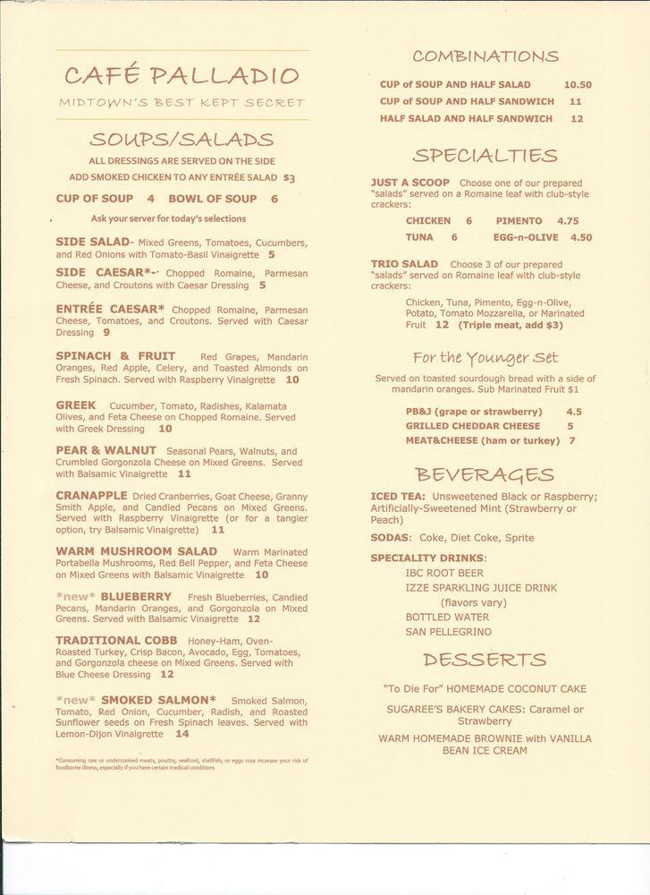 Menu at Café Palladio cafe, Memphis, Central Ave
