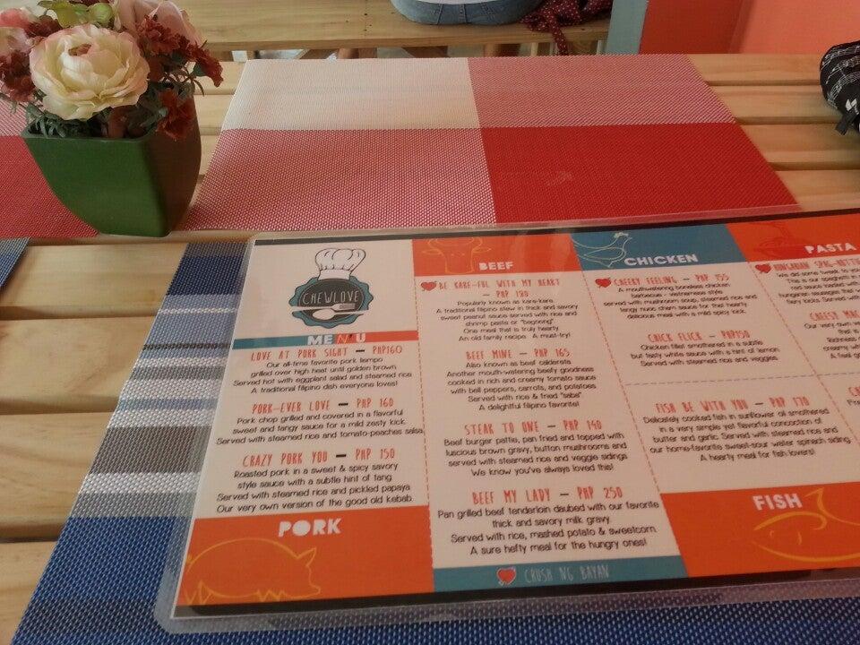 Menu at Chewlove restaurant, Tacloban City