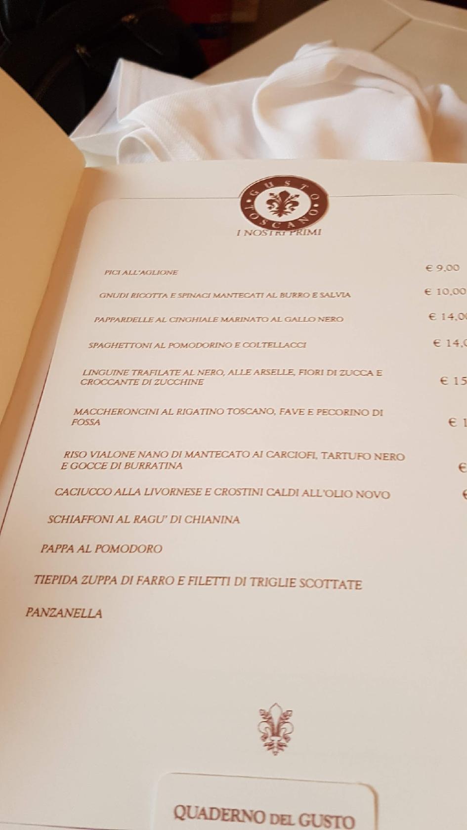Menu at Gusto Toscano restaurant, Cosenza