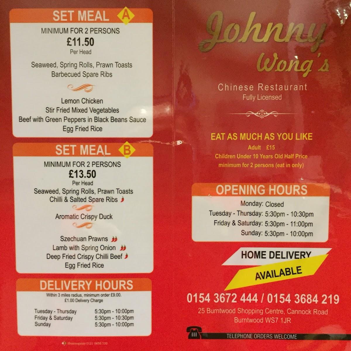 Menu at Johnny Wong's Chinese Restaurant (air Conditioning Restaurant ...