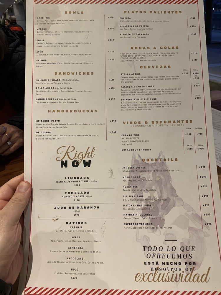 Menu at Lobo Café Puerto Madero, Buenos Aires, Pierina Dealessi 1330