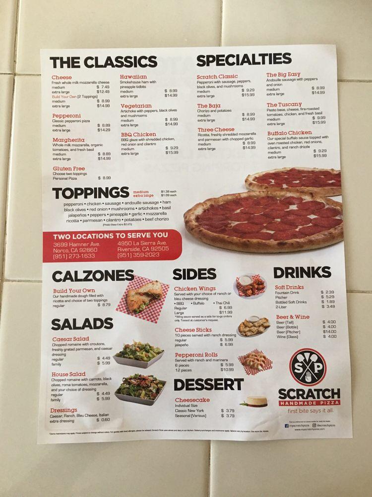 Carta de pizzería Scratch Pizza, Riverside, La Sierra Ave #8