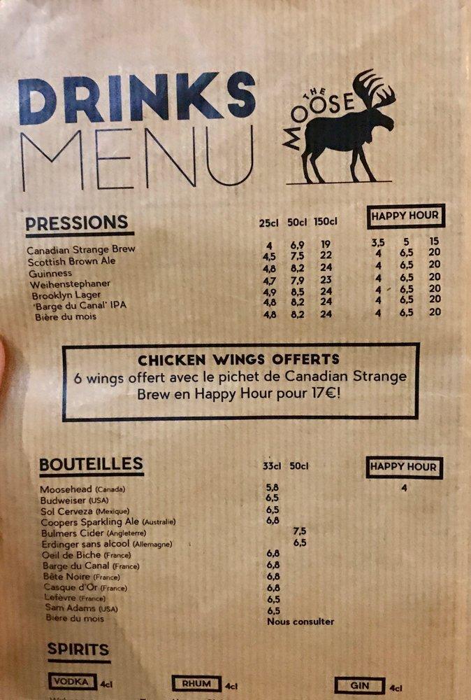 Menu at The Moose restaurant, Paris