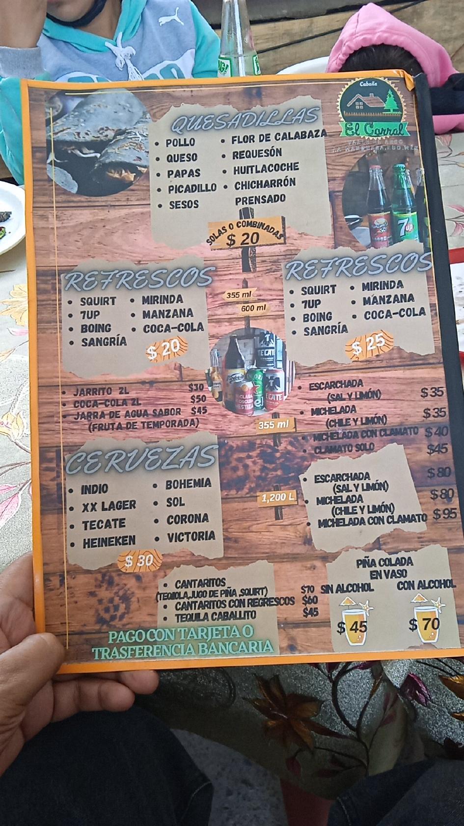 Menu at Cabaña "El corral" restaurant, Mexico City