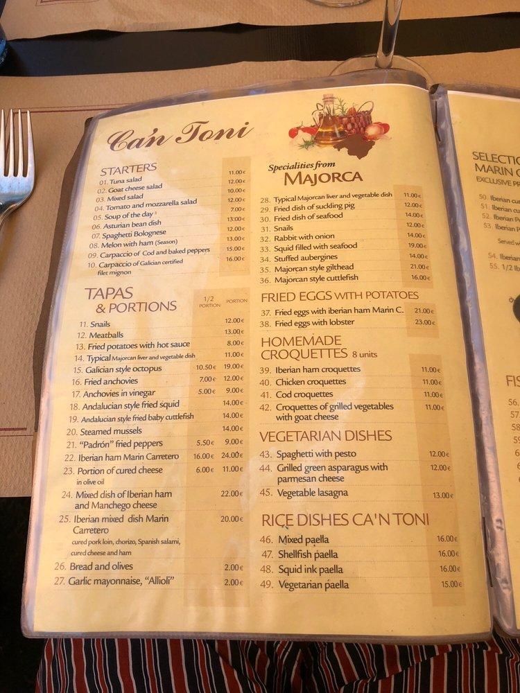 Menu at Cafe Ca'n Toni, Palma, Costa de Santa Creu
