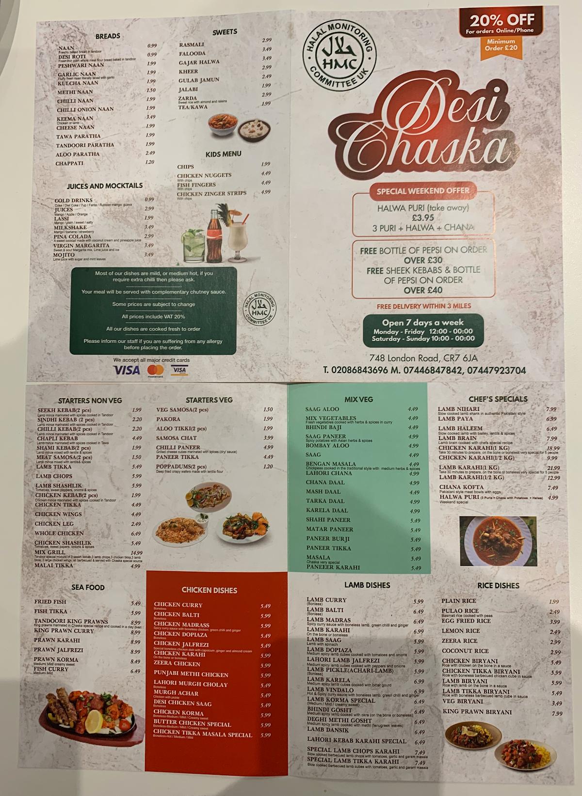 Menu at Desi Chaska Thornton Heath restaurant, Thornton Heath